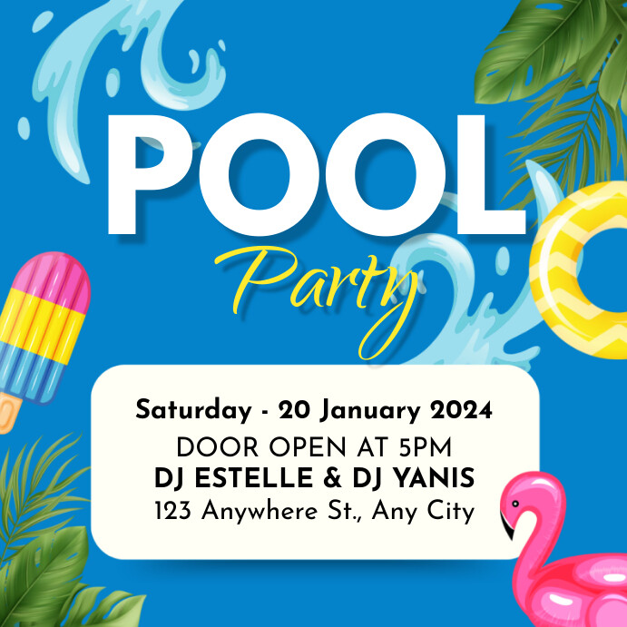 Floral Blue Illustrative Pool Party Instagram Template | PosterMyWall