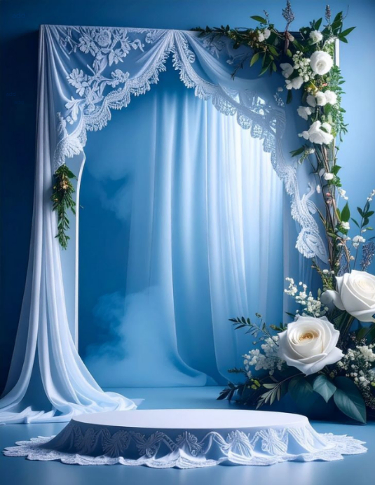 Floral Blue Wedding Backdrop With White Lace And Roses Flyer (us Letter ...
