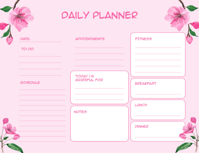 Szablon Floral Cherry Blossom Daily Planner US Letter | PosterMyWall
