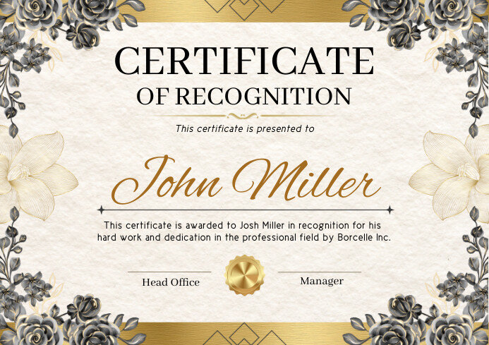 Floral Classic Recognition Certificate Templat | PosterMyWall