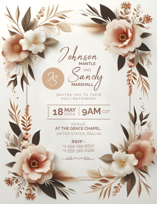 Floral Cream And Gold Wedding Invitation Template | PosterMyWall