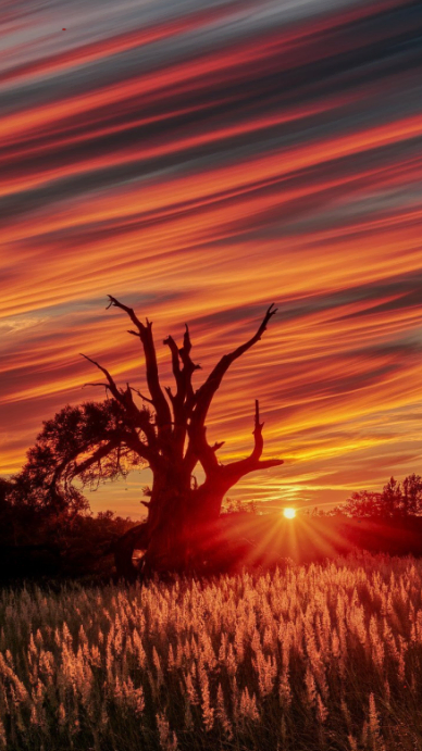 Floral Fiery Sunset Over Lone Tree Landscape Digital Display (9:16 ...