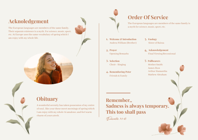 Floral Funeral Program Brochure Template | PosterMyWall