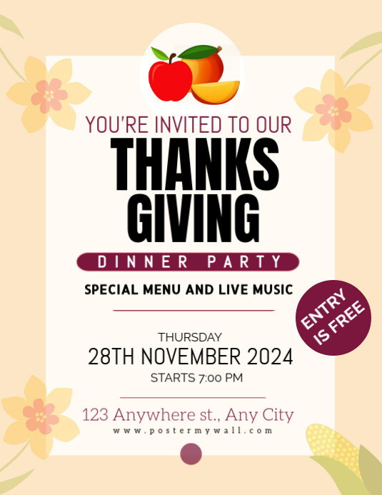 Plantilla de Floral Gold And White Background Thanksgiving Flyer (us Letter) | PosterMyWall