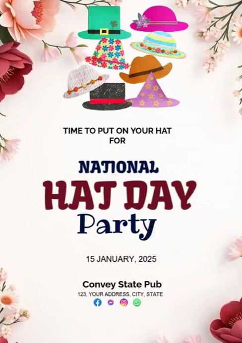 Plantilla de Floral National Hat Day Party Invitation Card A4 ...