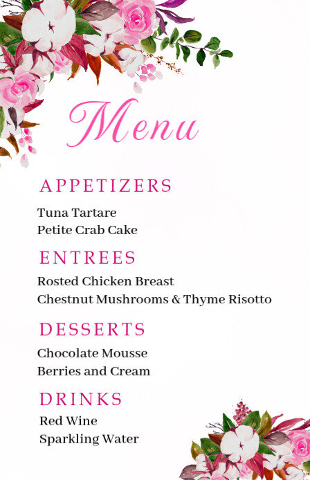 Floral Pink Flowers Menu Card Template Half Page Wide | PosterMyWall