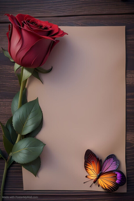 Floral Romantic-rose-and-butterfly-poster-background-on-wooden-texture ...