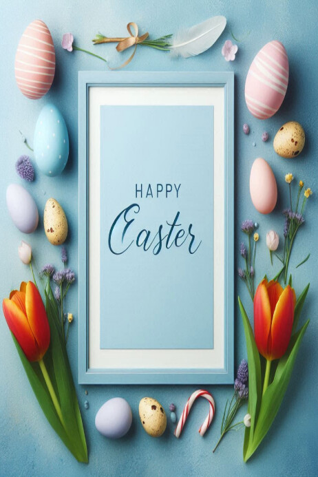 Floral Spring Easter Background With Eggs And Tulips – Blue Pastel ...