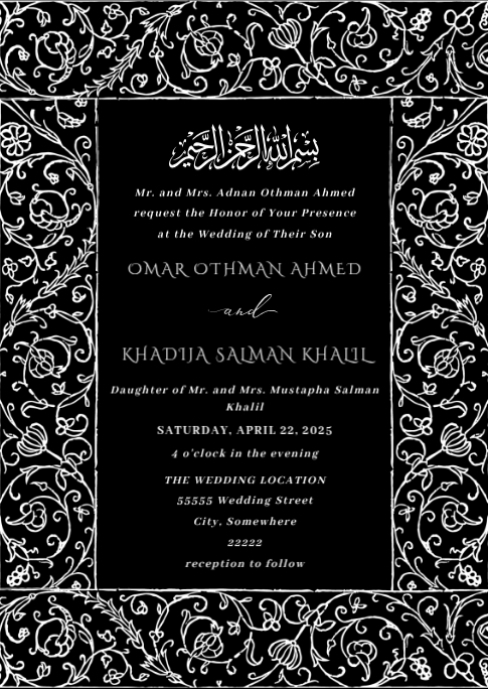 Floral Vintage Black and White Islamic Muslim Wedding Invitation Design ...