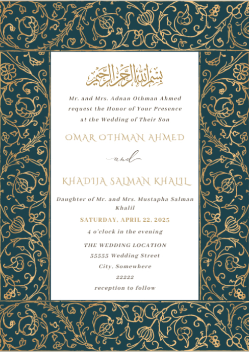 Floral Vintage Gold & Nile Blue Islamic Wedding Invitation Design ...