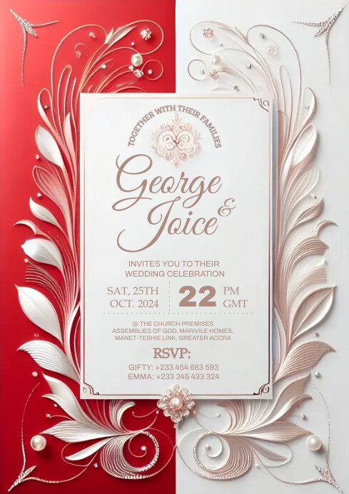 Floral White, Gold And Red Wedding Invitation Template | PosterMyWall