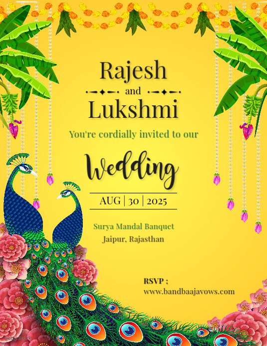 Flyer Yellow Peacock Invitation Wedding India Template | PosterMyWall