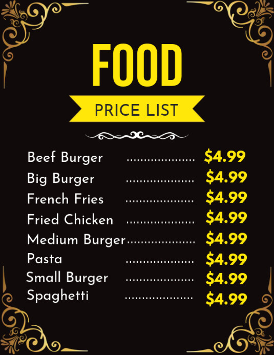Plantilla de Food price list free customisable templates | PosterMyWall