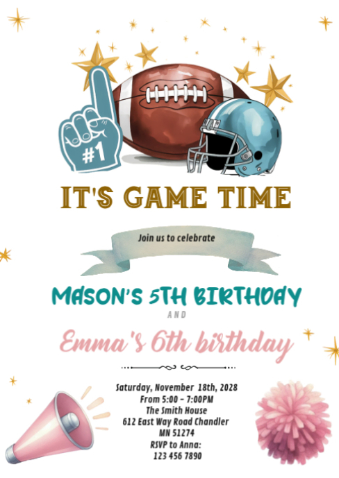 Football Cheerleading Joint party Invitation Template | PosterMyWall