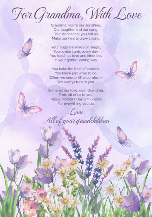 Plantilla de For grandma, with love poem card purple flowers | PosterMyWall