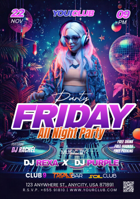 Friday All Night Party Event Poster Flyer Template | PosterMyWall