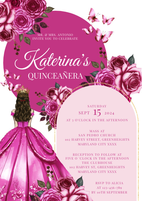 Fuchsia Floral Quinceañera Invitation A4 Template | PosterMyWall