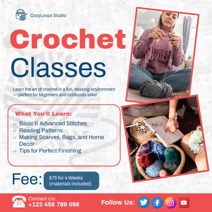 Fun and Creative Crochet Classes Promotion Template | PosterMyWall