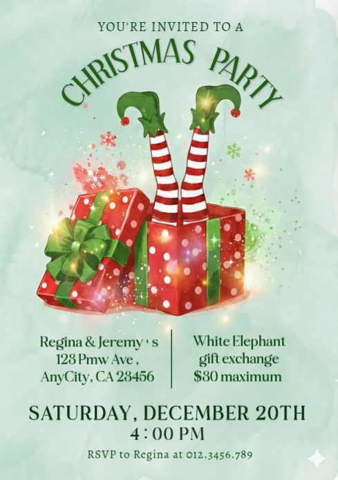 Fun Christmas Party Invitation with Elf Gift Box – Editable Holiday ...