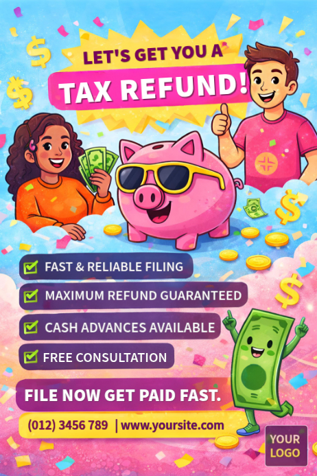 Fun Tax Refund Service Flyer Template | Cartoon Finance Promo Poster ...