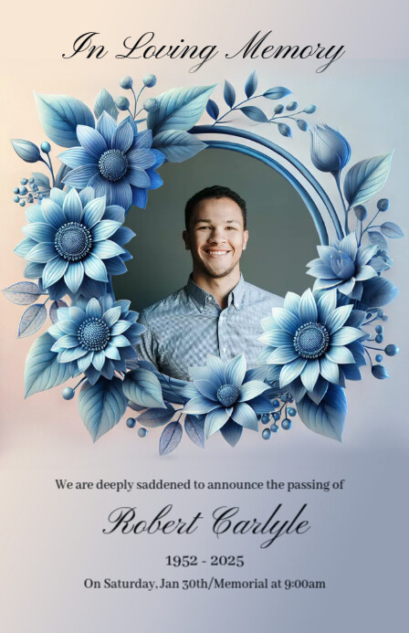 Funeral Blue 3d Floral Frame Half Page Wide Template | PosterMyWall