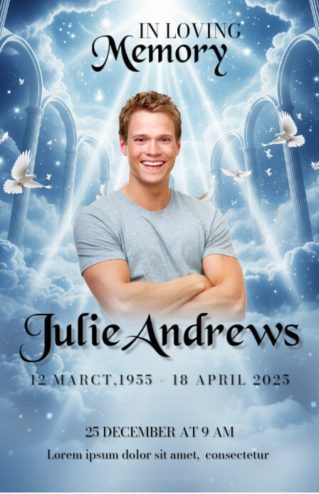 Funeral Heavenly Blue Background Half Page Wide Template | PosterMyWall