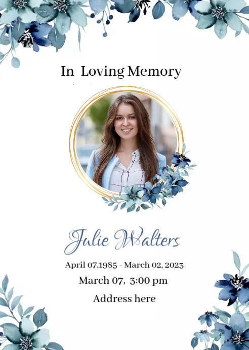 Funeral Invitation Card blue floral (1) Template | PosterMyWall