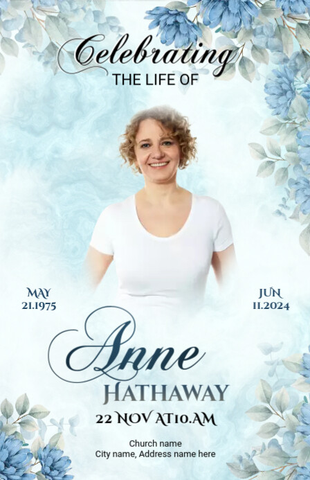 Plantilla de Funeral Program card Template blue floral (1) | PosterMyWall