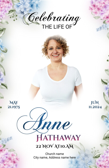 Funeral Program card Template blue floral (2) | PosterMyWall