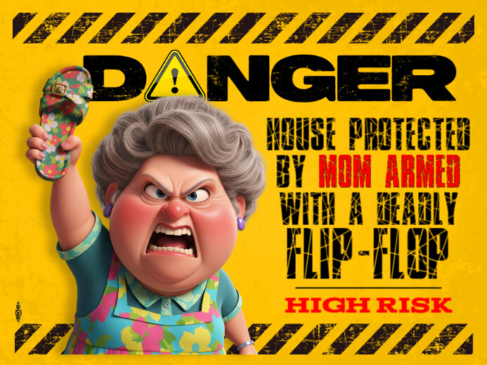 Plantilla de Mom with Deadly Flip-Flop | Funny Warning Sign | PosterMyWall