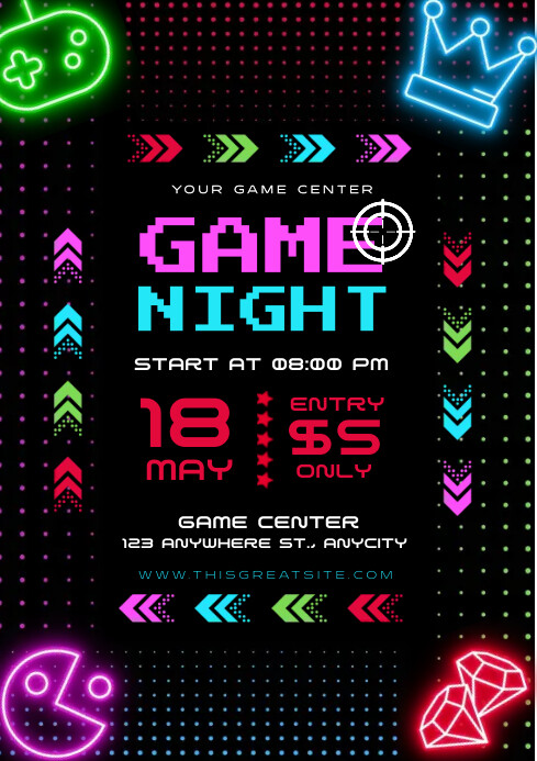 Game Night Full color neon Event Template | PosterMyWall
