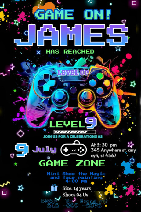 Plantilla de Game Over Invitation Brithday Party Temple Flayer ...
