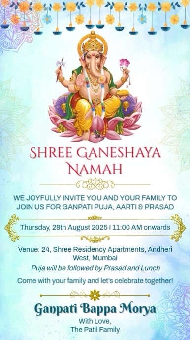 Ganesh Chaturthi Puja Invitation Card Video Template | PosterMyWall