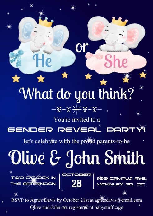 Copy of GENDER REVEAL | watercolor elephant clouds st | PosterMyWall