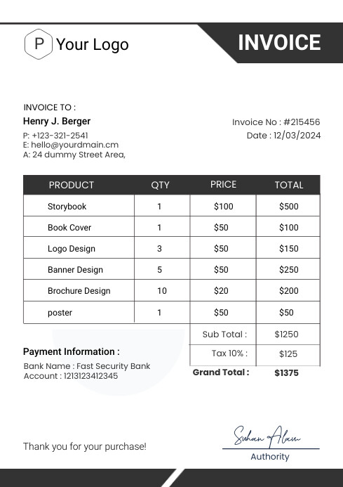 Modèle General Invoice template black and white | PosterMyWall
