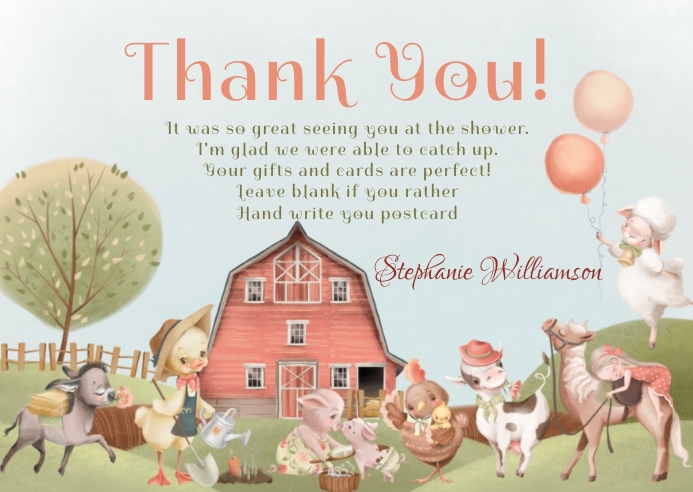 Girl's Farm Animals Thank You Postcard Template | PosterMyWall