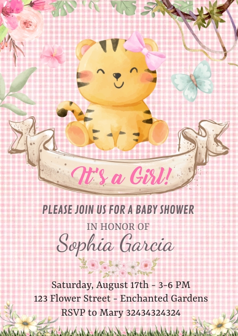 girl tiger baby shower invitation Template | PosterMyWall