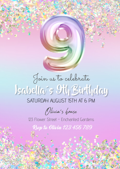 Girls 9th Birthday Invitation Template | PosterMyWall