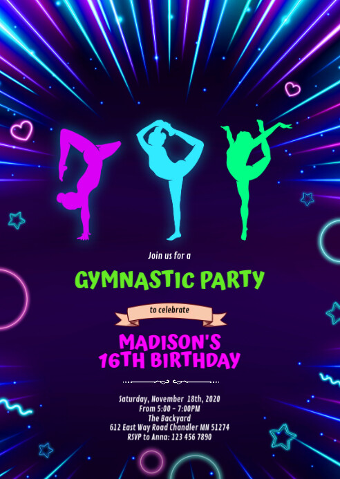 Glow gymnastic birthday invitation Template | PosterMyWall