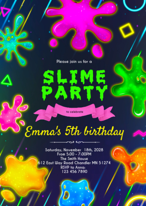 Glow slime birthday party invitation Template | PosterMyWall