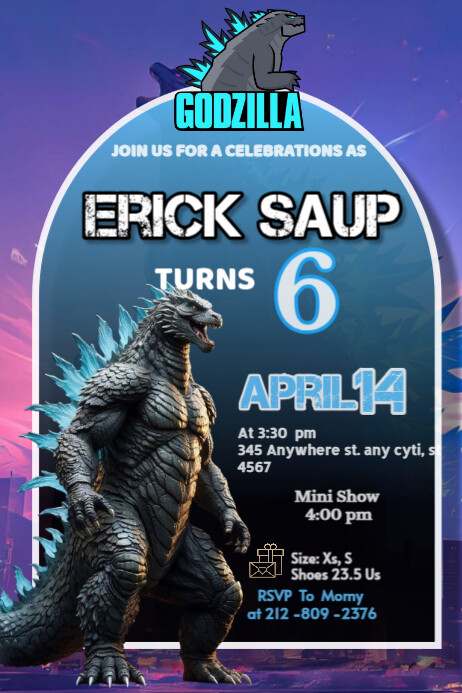 Godzilla invitation happy Brithday party temple flayer editablet ...