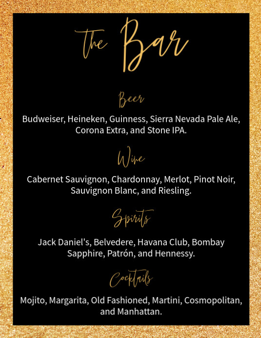 Copy of Gold And Black Modern & Minimal Bar Menu Table Sign In Flyer ...