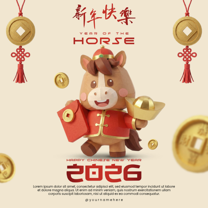 Gold Chinese New Year 2026 Year of The Horse Template for Instagram ...