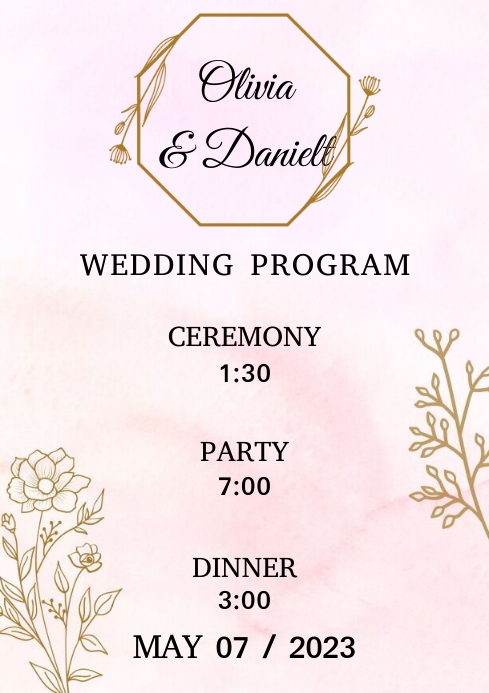 Gold Floral Wedding Program template | PosterMyWall