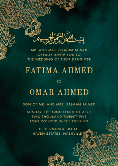 Gold Foil Lace Green Islamic Muslim Wedding Invitation Design Template ...
