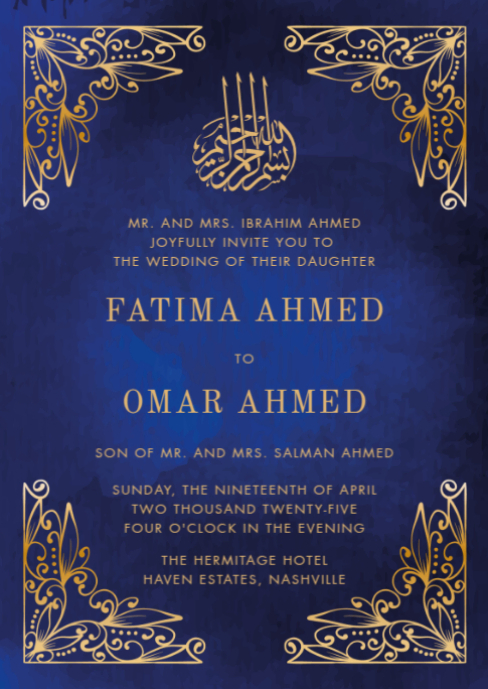 Gold Frame Ornate Blue Islamic Muslim Wedding Invitation Design ...