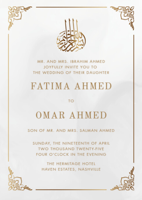 Gold Frame Ornate White Islamic Muslim Wedding Invitation Design ...