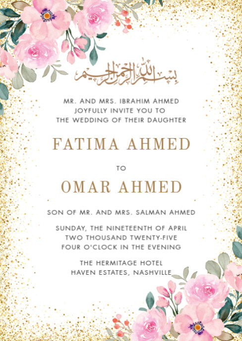 Copy of Gold Frame Pink Floral Islamic Muslim Wedding Invitation Design ...