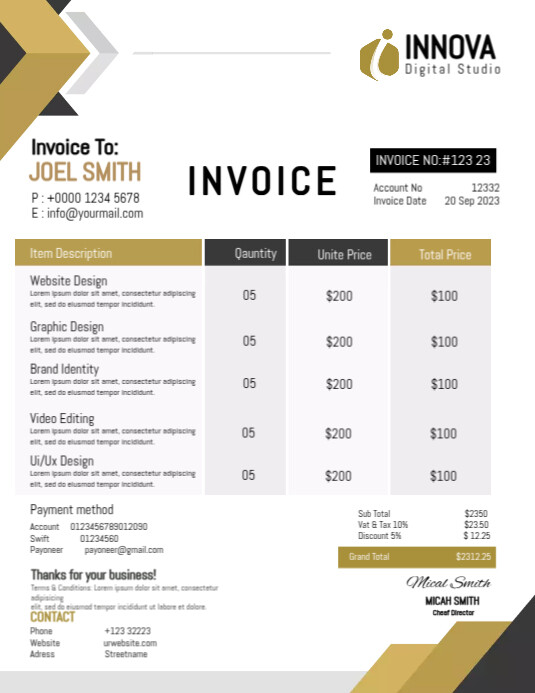 Gold Invoice Design Template | PosterMyWall