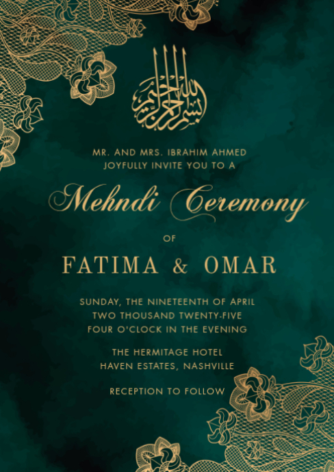 Gold Lace Green Islamic Muslim Mehndi Ceremony Invitation Design ...